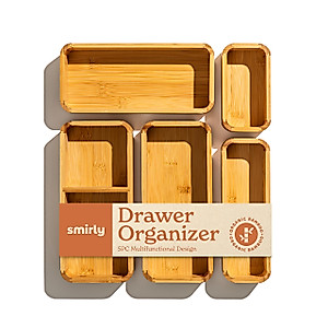 SMIRLY 5-Piece Bamboo Kitchen Drawer Organizer Set for Large and Small Utensils, Multi-use Storage Box - Bathroom, Nightstand, Jewelry, Cutlery, Knife, Spice, Towel, Junk Drawer Tray