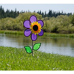 In the Breeze 12 Inch Purple Sunflower Wind Spinner with Leaves - Includes Ground Stake - Colorful Flower for Your Yard and Garden