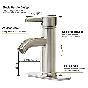 Greenspring Brushed Nickel Bathroom Faucet Single Handle One Hole Modern Vanity Sink Faucet Deck Mount Brass Commercial Lavatory Basin Bath Tap with Pop Up Drain and Cover Plate