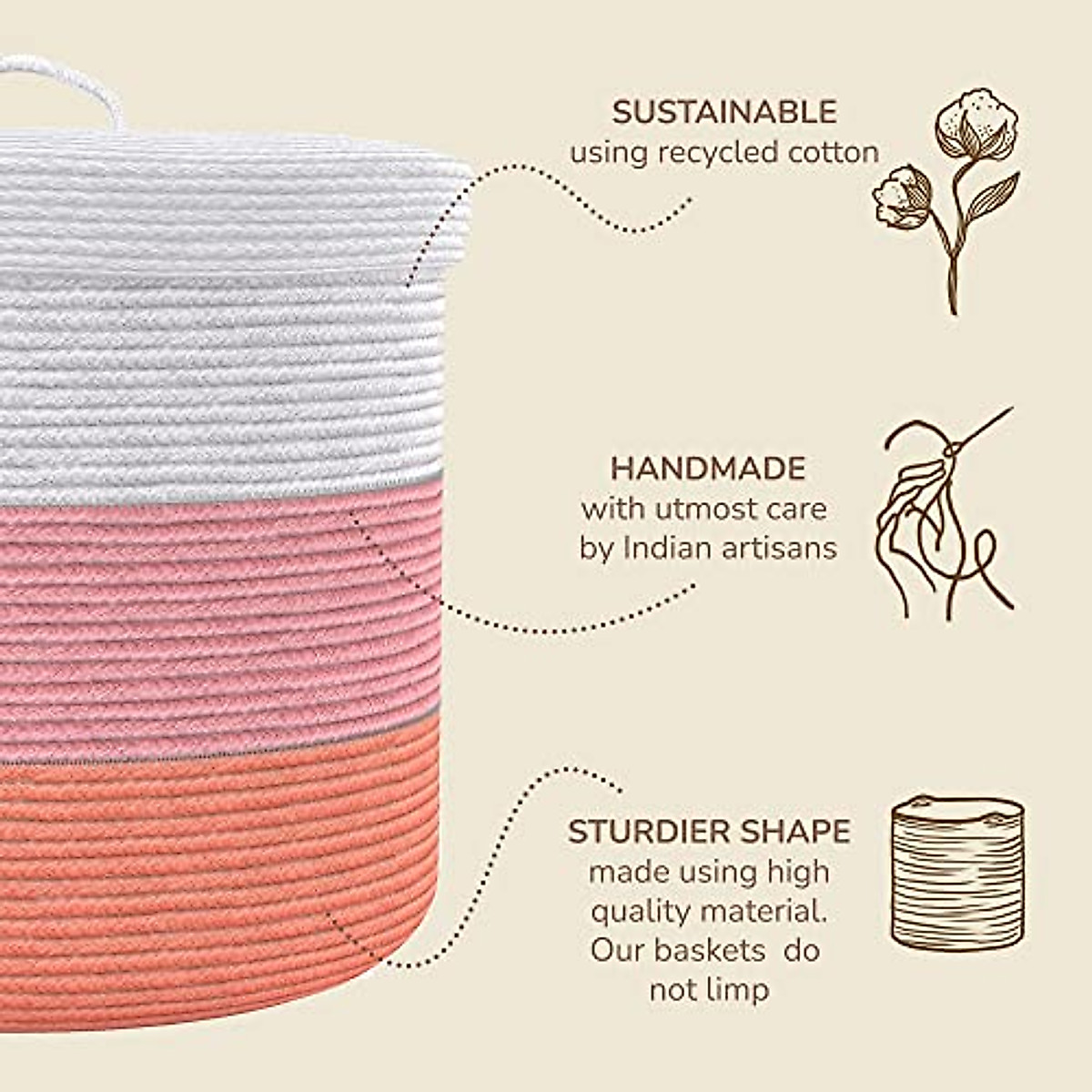 Eco-living Recycled Cotton Rope Basket with Lid,Woven Baskets for Storage of Blankets, Baby Toys, Laundry, towels,Nursery & Living Room Organizer,Eco-friendly & Decorative Basket, Pink & White
