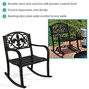 Sunnydaze Outdoor Rocking Chair - Durable Cast Iron and Steel Construction - Traditional Fleur-de-Lis Design - Outside Front Porch Furniture - Perfect Chair for Patio, Deck, Backyard or Garden
