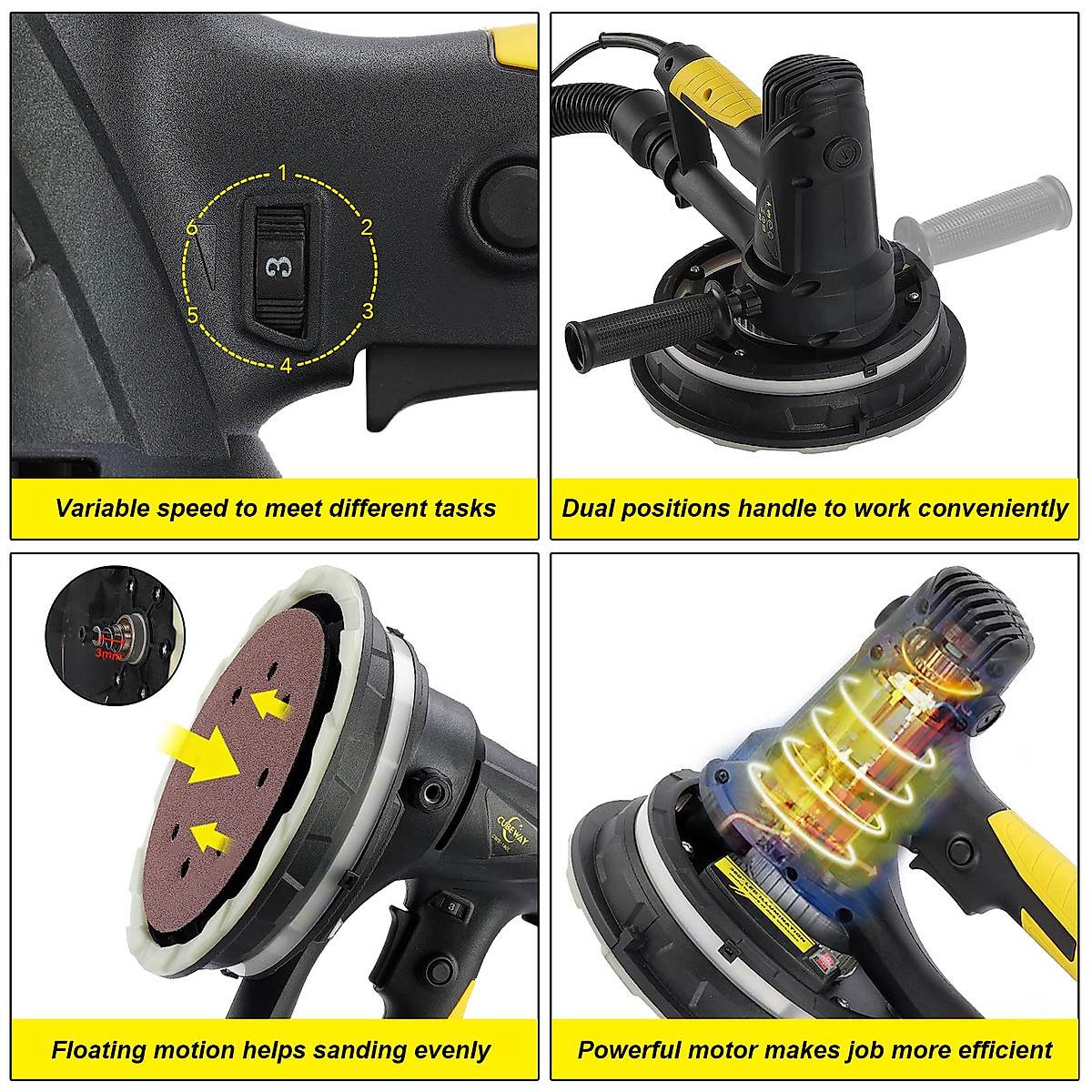 CUBEWAY Drywall Sander, Handheld Electric Drywall Sander with Vacuum Attachment and Variable Speed, Sheetrock Sander Machine with LED Light 10pcs Sanding Discs and 26FT Power Cord