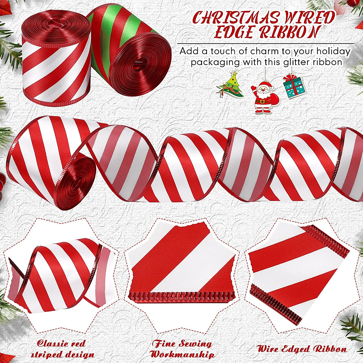 Hanaive 2 Rolls Ribbons for Christmas Tree Wired Ribbon Satin Stripes Edge Wrapping for Crafts DIY Gift Party Garden Home Garland Bows Ornament Decor(2.5 Inch x 10 Yards,Red Green, Red White)