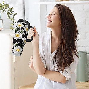 pnyoin White Daisy Insulated Tumblers With Handle And Straw 30 oz Stainless Steel Tumbler Cups With Lid Leakproof BPA-Free Water Bottle,Cup Holder Compatible for Travel