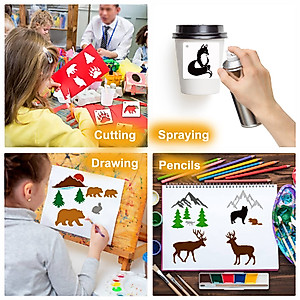 65 Pieces Animal Stencils for Painting, Small Reusable Deer Bear Stencil Template Tree Bee Bird Mountain DIY Craft Paint Stencils for Painting on Wood Wall Card Rock Decor (Wildlife)