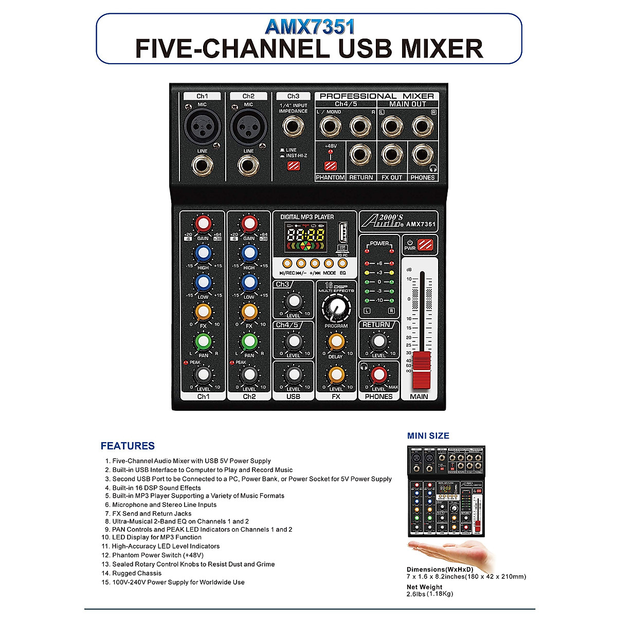 Audio2000'S AMX7351 Five-Channel Audio Mixer with USB 5V Power Supply, USB Interface, and Sound Effect