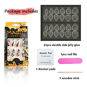Day of the Dead Press on Nails Medium Length Halloween Fake Nails Almond False Nail with Design Halloween Horror Red Eyeball Artificial Nails Press On Full Cover Nail Tips 24Pcs