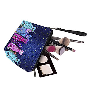 Poceacles Colorful Cats Print Small Makeup Bag for Purse for Women Cute Cosmetic Bag Large Capacity PU Leather Makeup Bags Travel Toiletry Bag Organizer Pouch with Wrist Strap