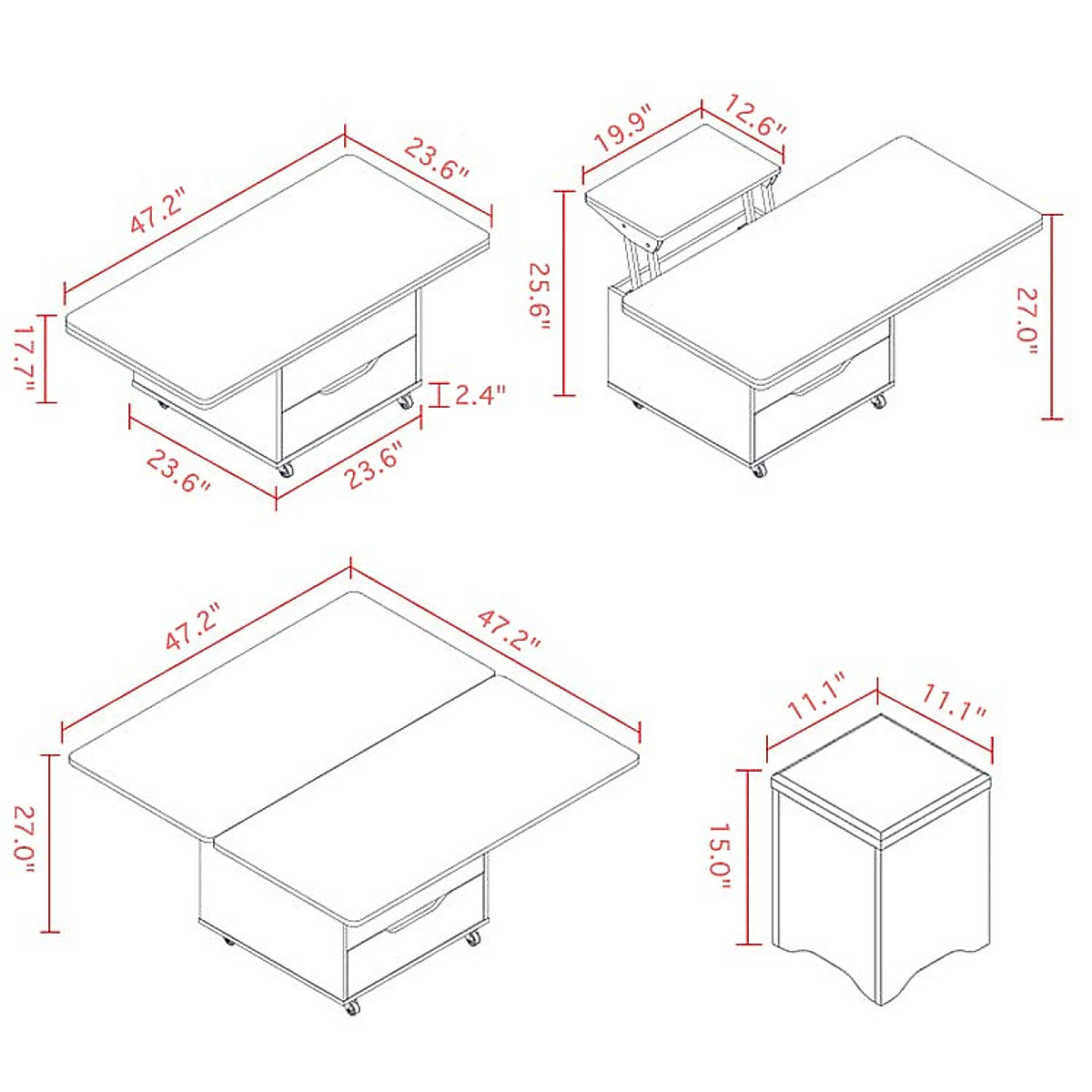 PIAQIA Convertible Folding Dining Table Set for 8, Multifunctional Lift Top Coffee Table with 4 Storage Ottoman, Space Saving Extendable Table for Compact Living Space, 47.2" Width