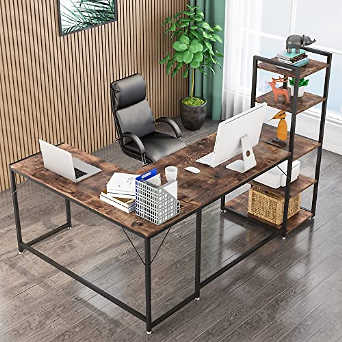 Tribesigns 79 Inch Reversible L-Shaped Desk, Industrial Large Corner Desk with 5 Tier Storage Shelves, Large L Desk Home Office Desk Computer Table Writing Desk, Rustic Brown