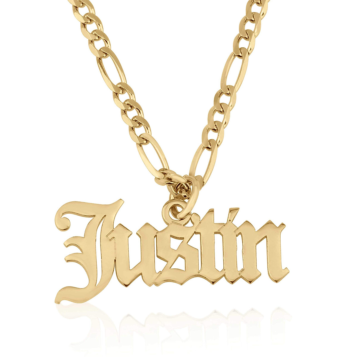 Beleco 18k Gold Plated or Sterling Silver 925 Custom Name Necklace - Personalized Name Plate Necklace with Elegant Figaro Chain, Old English Font | Customized & Personalized Necklaces