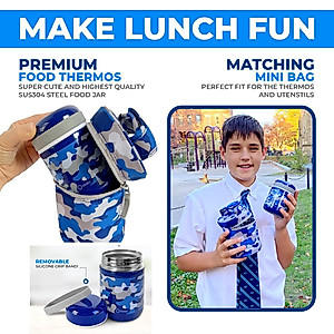 Thermos for Hot Food, Kids Lunch Insulated Stainless Steel Wide Mouth Jar, Boys Soup Container, Toddlers Day Care Pre-School, Leakproof Easy Grip Thermal Vacuum Seal 10 oz 300 ML Blue Orange Dinosaur