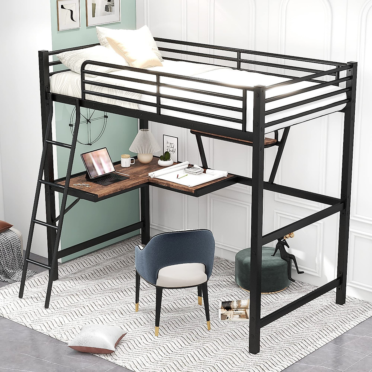 P PURLOVE Metal Loft Bed with Desk Twin Size High Loft Bed with L-Shaped Desk and Shelf and Ladder,No Box Spring Need