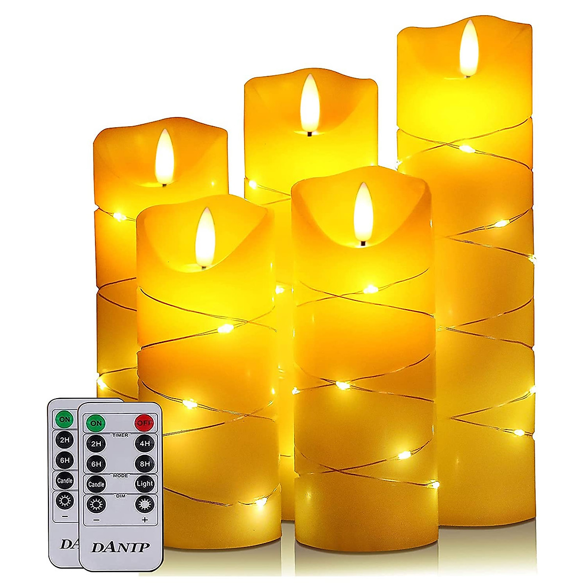 DANIP flameless Candle, with Embedded String Lights, 5-Piece LED Candles, with 10-Key Remote Control, 24-Hour Timer Function, Dancing Flame, Real Wax, Battery-Powered. (Ivory White)