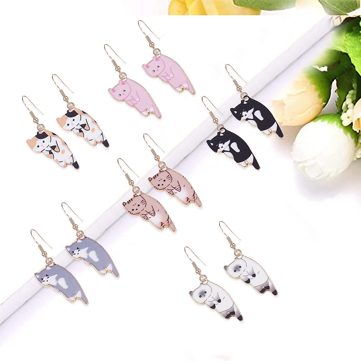 Chanaiqw 6 Pairs Cat Dangle Earrings animals Lover Birthday for Women (6 Pairs Cat Dangle Earrings)