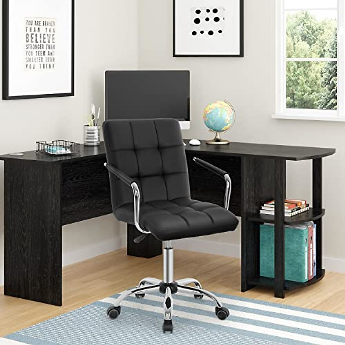 PayLessHere Home Office Desk Chair PU Leather Makeup Chair Vanity Chair with Armrest/Wheel 360°Swivel Height Adjustable Home Chairs for Office Makeup Room (Black)