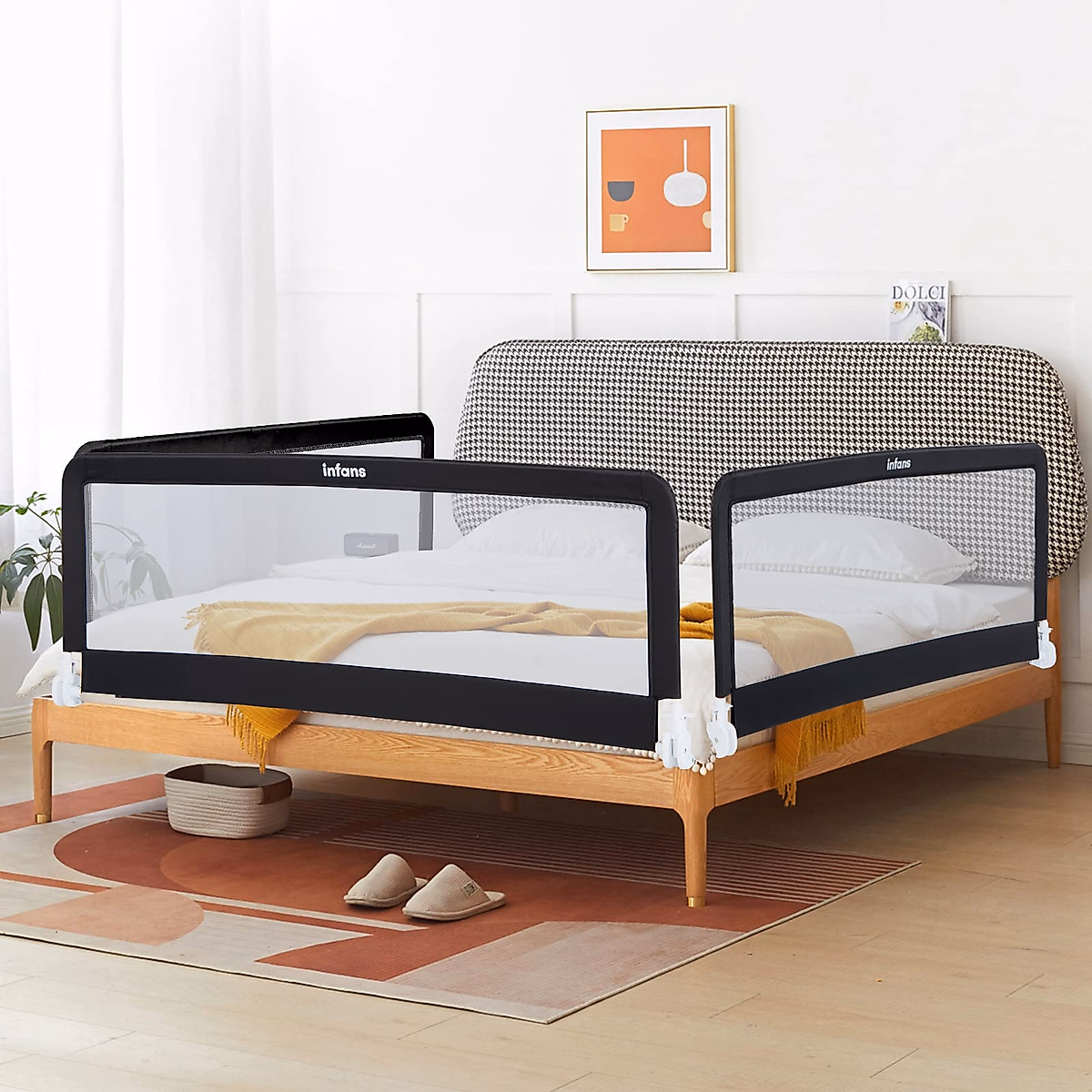 INFANS Bed Rails for Toddlers, 59" Foldable Safety Baby Crib Rail Fit for Kids Twin, Extra Long Swing Down Bed Guardrail for Convertible Crib, Queen King Mattress Side Guard (1 Pack, Black)