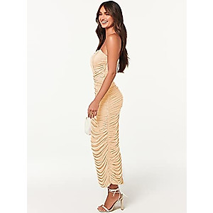 ANRABESS Women Ruched Bodycon Dress 2023 Summer Sexy Strapless Sleeveless Slit Party Cocktail Club Night Dresses Elagant Wedding Guest Evening Graduation Prom Dress 883qianxing-M Apricot