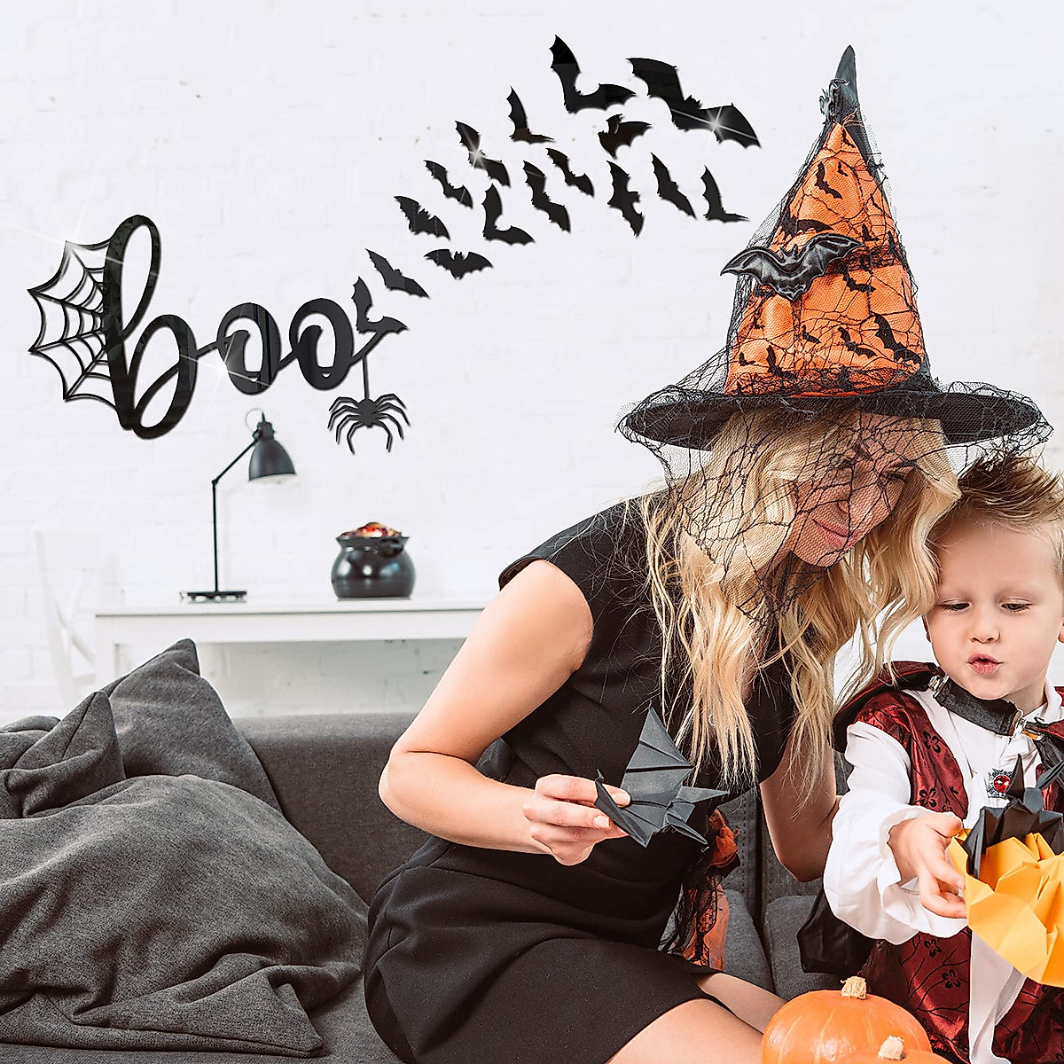 Zonon Halloween Spider Bat Wall Decor Bat Boo Decorations Wall Decal 3D Bats Decor Wall Stickers Self Adhesive DIY Halloween Mirror Decor Removable Spider Acrylic Sticker for Window Wall(Black)