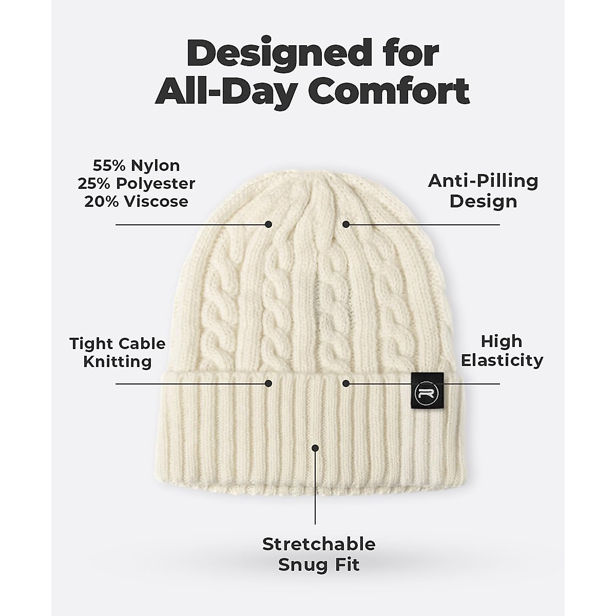 Revony Cable Knit Beanie for Women & Men - Warm, Soft, with a Delicious Cashmere Feel Ivory