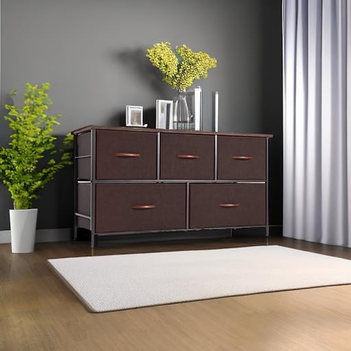 ROMOON Dresser for Bedroom, Dresser Wide for Closet with 5 Drawers, Small Fabric Dresser & Chests of Drawers for Bedroom,Nursery, Hallway.(Brown)