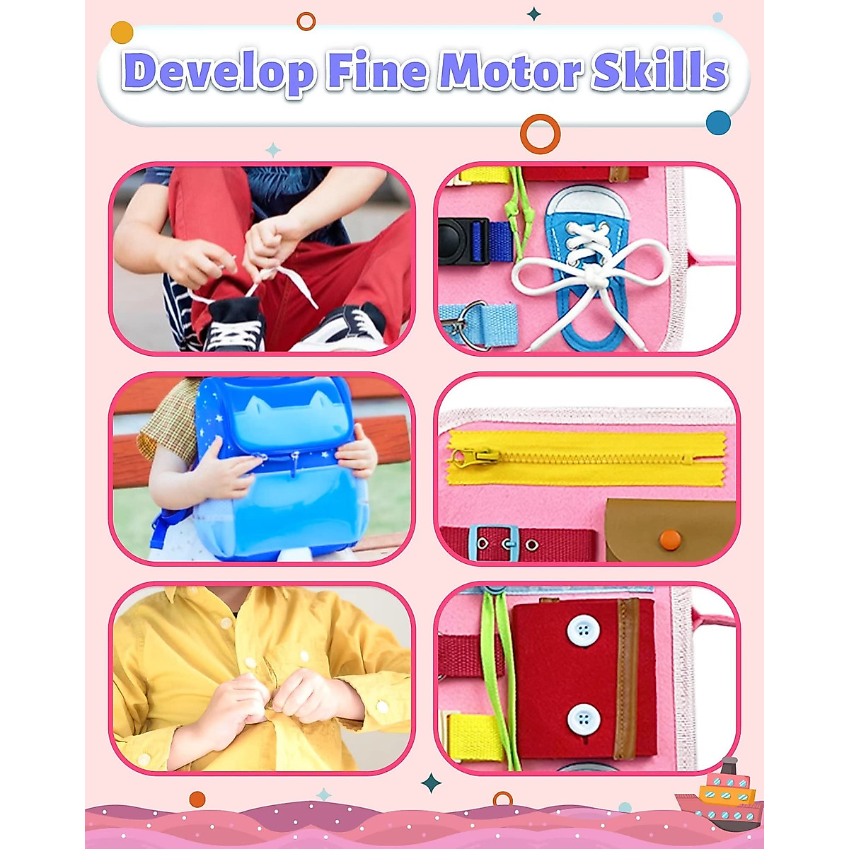 Exorany Busy Board Montessori Toys for Toddlers Sensory Toys Gifts for 1 2 3 4 Year Old Girls & Boys Preschool Toddler Activities Educational Travel Toy Learning Basic Dress Skills (Pink)