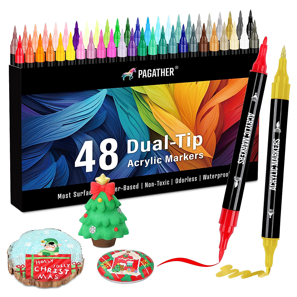 Pagather 48 Colors Acrylic Paint Markers, Dual Tip with Fine Tip and Brush Tip Pens for Stone, Wood, Calligraphy, Canvas, Ceramic, Metal, Glass, Rock Painting, DIY Crafts
