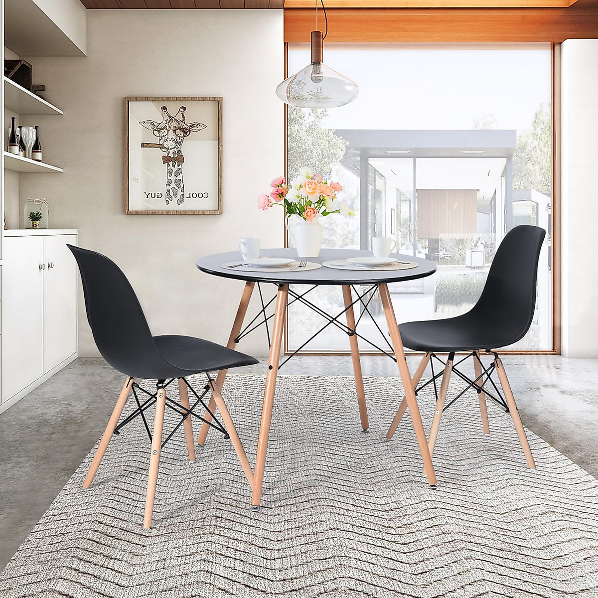 FurnitureR 31.5 Inch Modern Round Dining Table with Wooden Legs for Home Kitchen Living Room Corner Small Spaces Leisure, Black