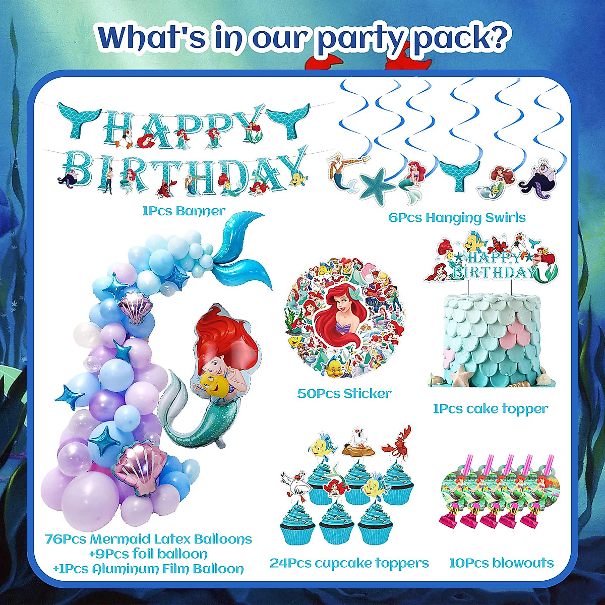 272 PCS Little Mermaid Birthday Party Supplies, Party Decorations, Ariel Birthday Decorations included Happy Birthday Banner, Balloons, Swirls, Invitation Cards, Tableware