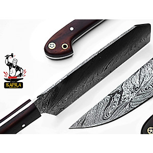 Sapra Hand Forged Custom Made Damascus Steel 4 Pcs Outdoor BBQ Professional Utility knives chef knife set for kitchen with Handmade Leather Roll Bag P-2090-R-KCS