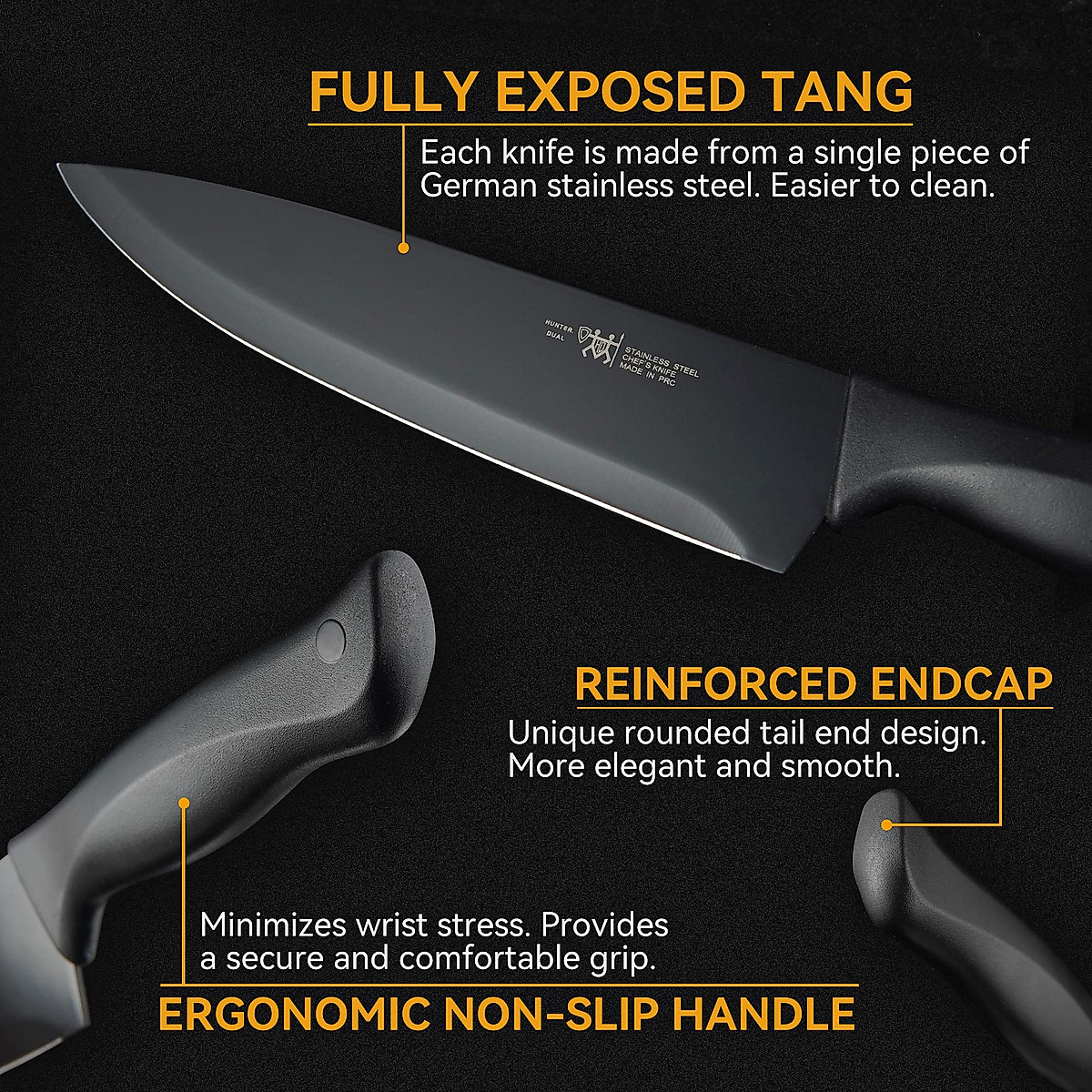 Knife Sets for Kitchen with Block, HUNTER.DUAL 19 Pcs Kitchen Knife Set with Block Self Sharpening, Dishwasher Safe, Anti-slip Handle, Black