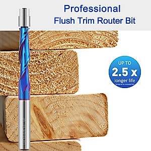 Flush Trim Bits 1/4 inch Shank Up Cut Solide Carbide CNC Router Bits with Nano Blue Coating by Jiiolioa