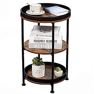 Dulcii Industrial Round End Table, 3 Tiers Round Side Table with Sturdy Metal Frame, Metal Round Sofa Table, Vintage Nightstand for Living Room Bedroom, Easy Assembly (Rustic Brown)
