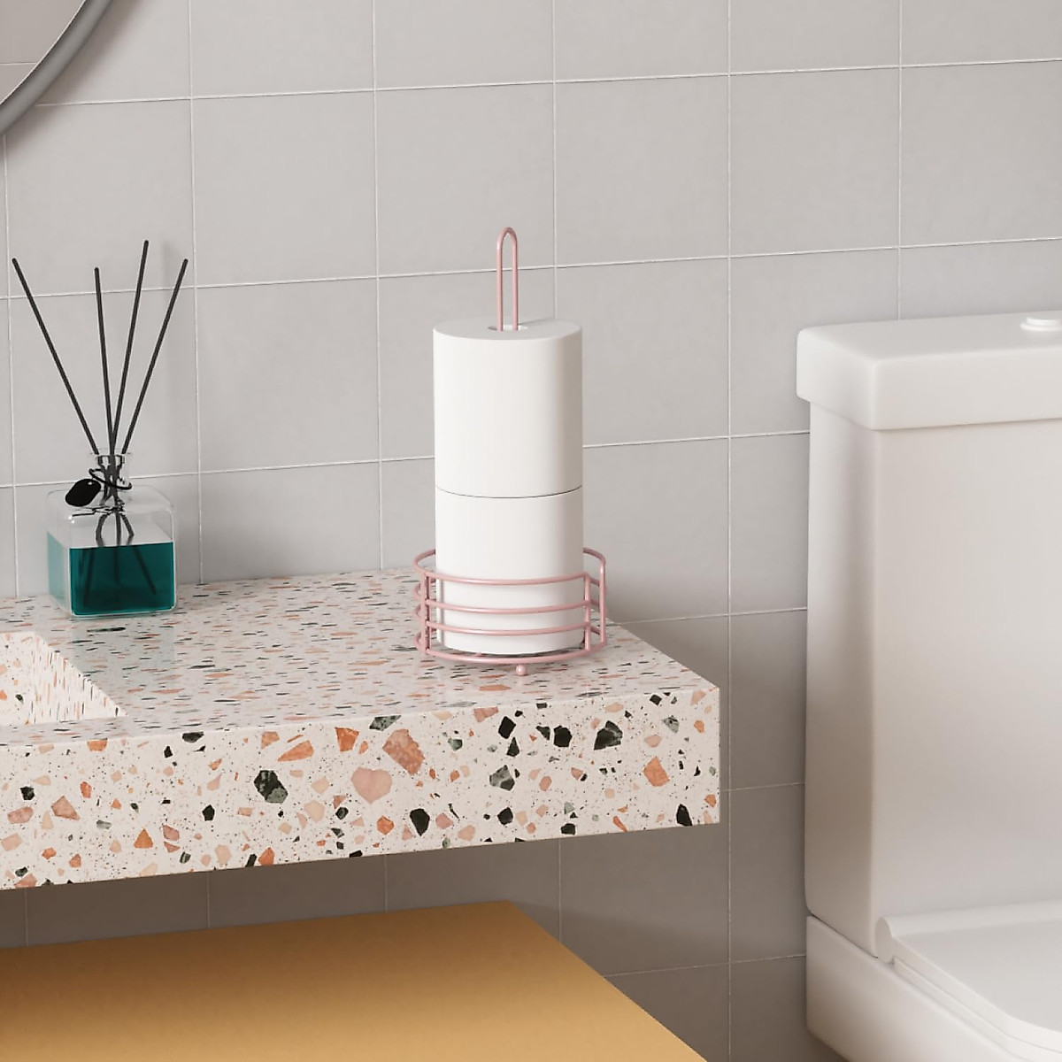 Buruis Standing Paper Towel Holder, 13 X 6 Inch Modern Decorative Countertop Rolls Holder for Kitchen, Toilet, Pantry and Bathroom (Pink)