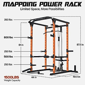 Mappding Power Cage, Power Rack with LAT Pulldown, Multi-Functional Squat Rack, 1500 Lbs Capacity Squat Cage with More Training Attachments for Home Gym, Black&Orange