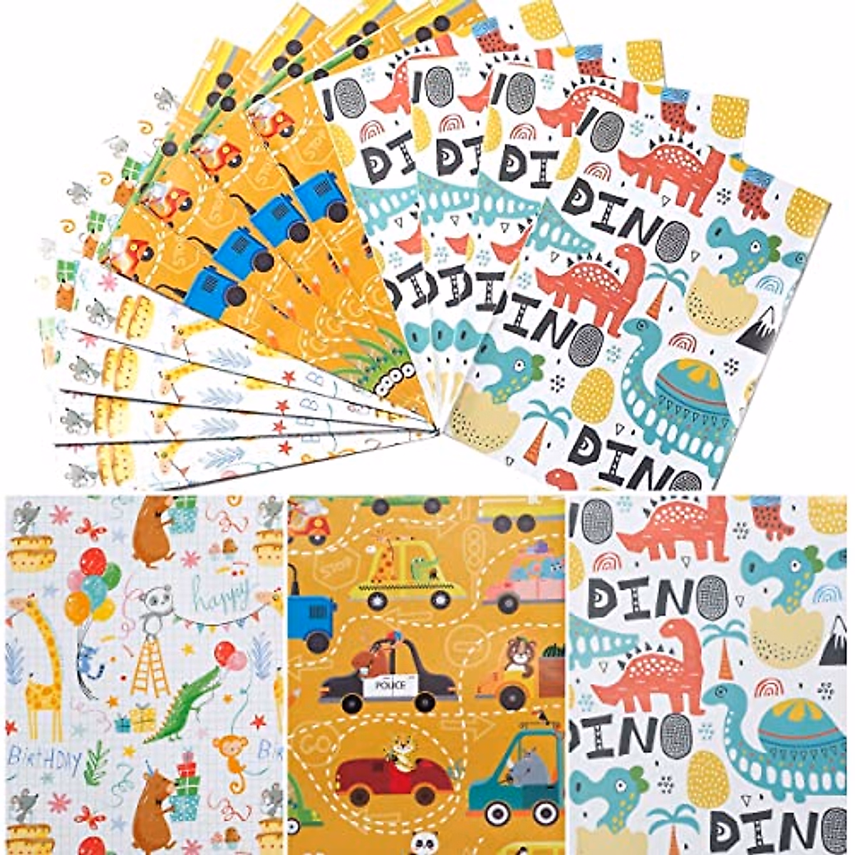 AccuLess 12 Sheets Children's Birthday Wrapping Paper Boys Girls Kids Dinosaur Happy Birthday Recyclable Package Wrap Paper for Party,Baby Shower,Christmas Folded Flat 19.7 x 27.5 Inch Per Sheet