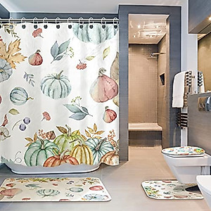 Thanksgiving Shower Curtain Set Fall Pumpkin Shower Curtain Sets 4 Pcs Autumn Waterproof Polyester Bath Curtains with Hooks Non Slip Rug Toilet Lid Cover and Bath Mat Bathroom Decor Set, 72" x 72"