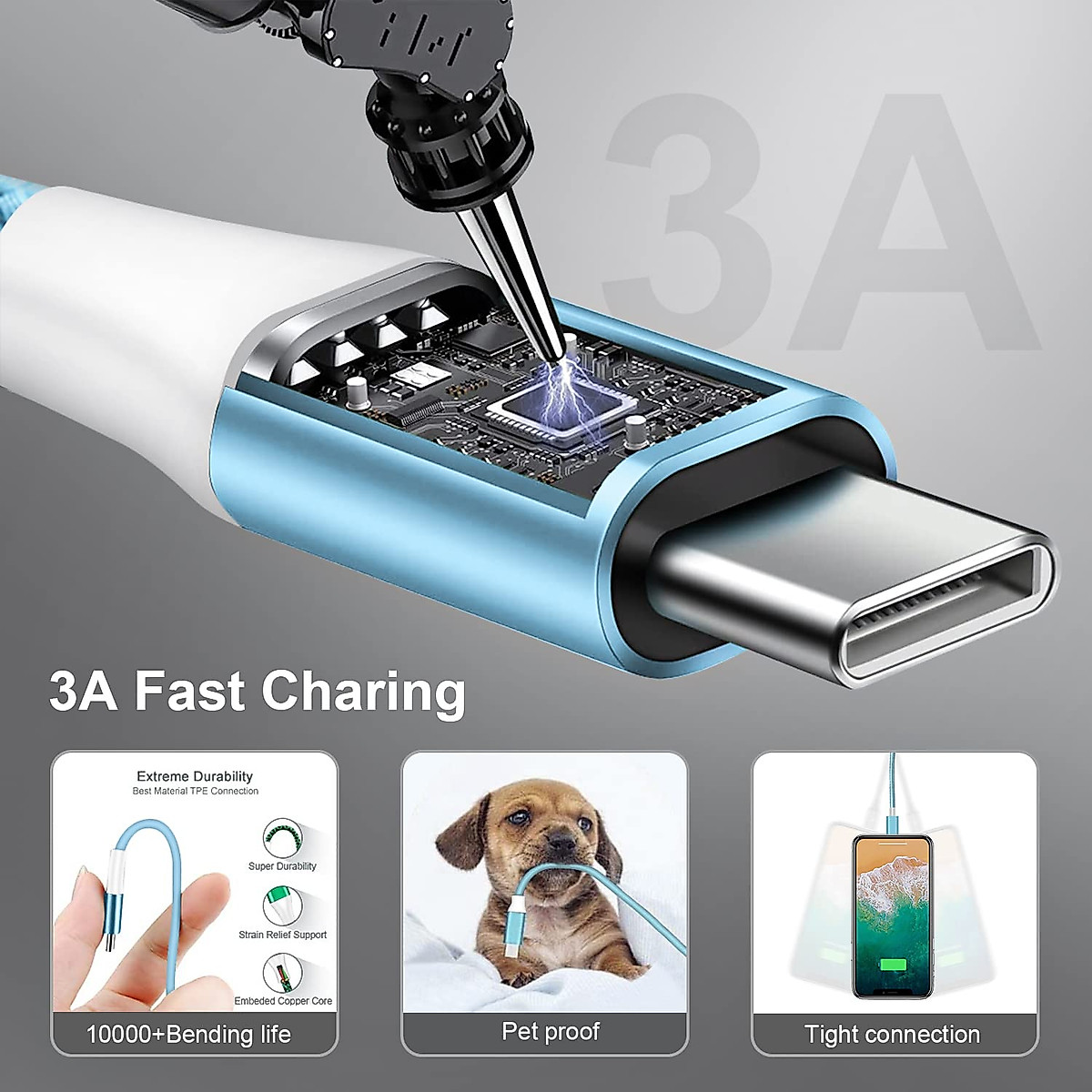 USB C Cable,3/3/6/6/10FT 5pack Charging Cable USB C 3.1A Fast Charging Cable Nylon Long USB Type C Cable for Samsung Galaxy S22 Ultra S21 S20 S10 S9 S8 Plus,Redmi,Sony Google Pixel