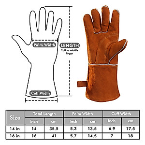 QeeLink Welding Gloves - Heat & Wear Resistant Lined Leather and Fireproof Stitching - For Welders/Fireplace/BBQ/Gardening (14-inch, Brown)