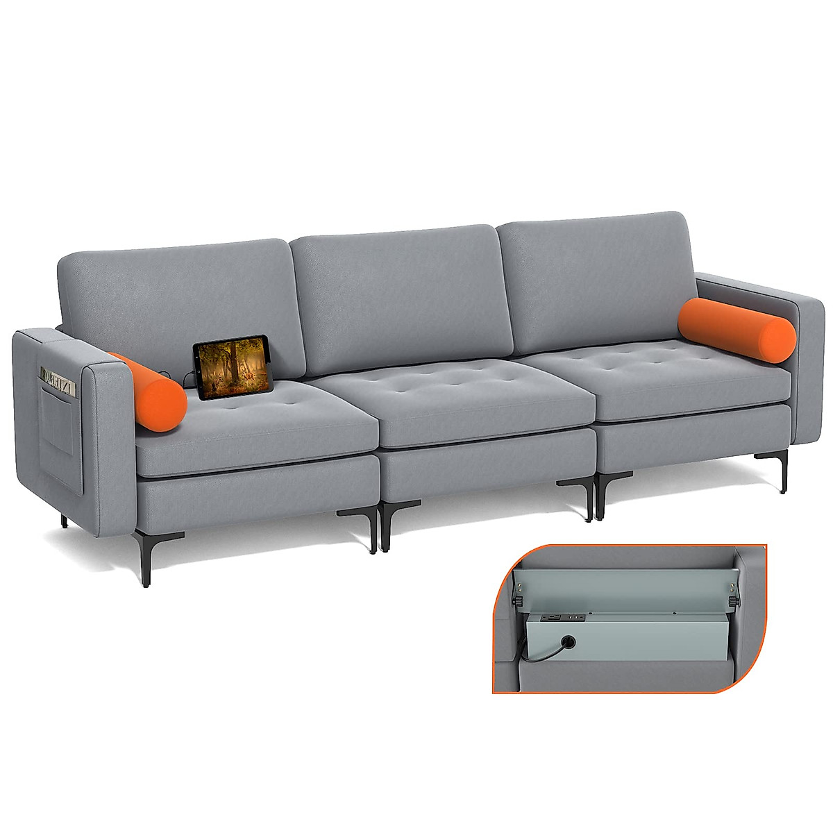 Giantex 97" Sectional Sofa Couch, 3-Seater Modular Sleeper with USB Ports 3-Hole Socket, Thick Cushion, 2 Bolsters, Armrest Magazine Pocket, Metal Legs, for Living Room Reception Bedroom Office