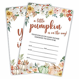 JCVUK Let's Gather! Thanksgiving Invitation Cards, Watercolor Pumpkin & Floral, 20 Invites With Envelopes, Fill In Style Invitations, Thanksgiving Day Party Favor, Decorations And Supplies - 09