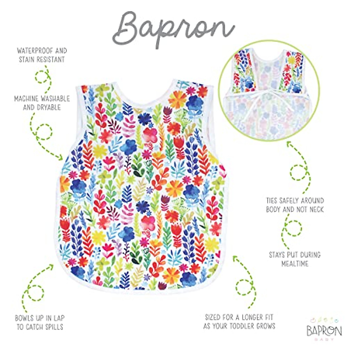 BapronBaby Rainbow Watercolor Floral Bapron - Soft Waterproof Stain Resistant Bib - Machine Washable - 6m - 5yr - (Sz Baby/Toddler 6m-3T)