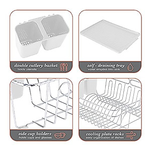Kitchen Details 3 Piece Twisted Chrome Dish Drying Rack | Cutlery Basket | Drain Tray | Countertop | Sink | White