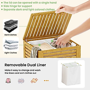 VIAGDO Laundry Hamper with Lid, 120L Large Divided Clothes Hamper, Bamboo Laundry Basket with 2 Sections Removable Liner Bag, 17.7x17.7x25.8 Inches, Natural