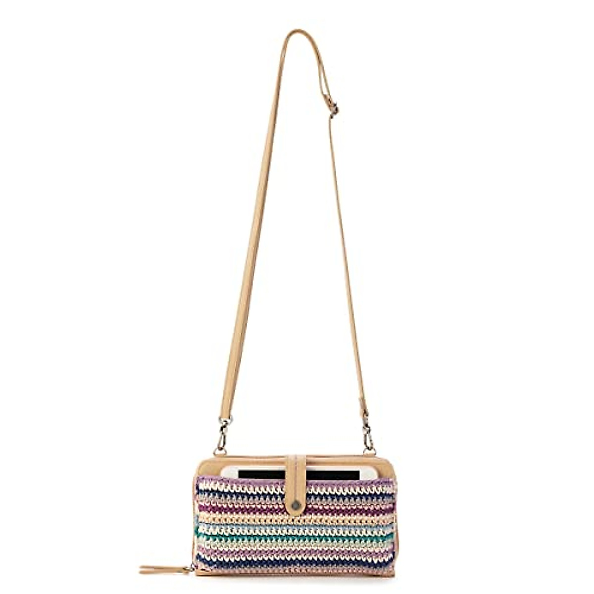 The Sak Iris Large Smartphone Crossbody Bag in Hand-Crochet & Faux Leather, Detachable Wristlet Strap, Mendocino Stripe