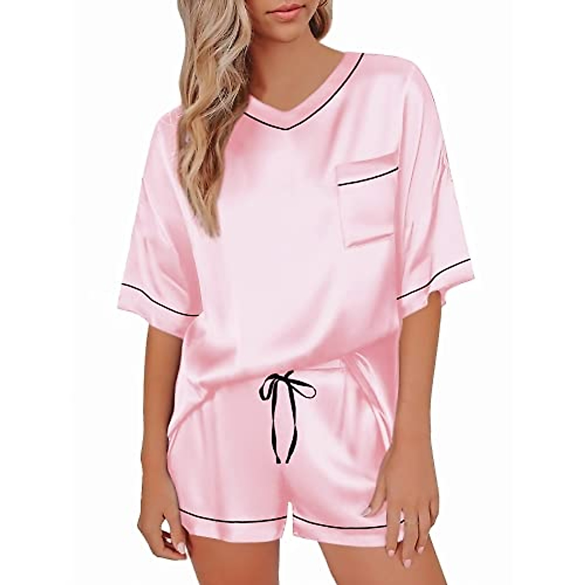 SWOMOG Womens Short Sleeve Satin Pajama Set Silk Pjs Lounge Set V Neck Two Piece Loungewear Sets Cute Cozy Sleepwear Rose Pink