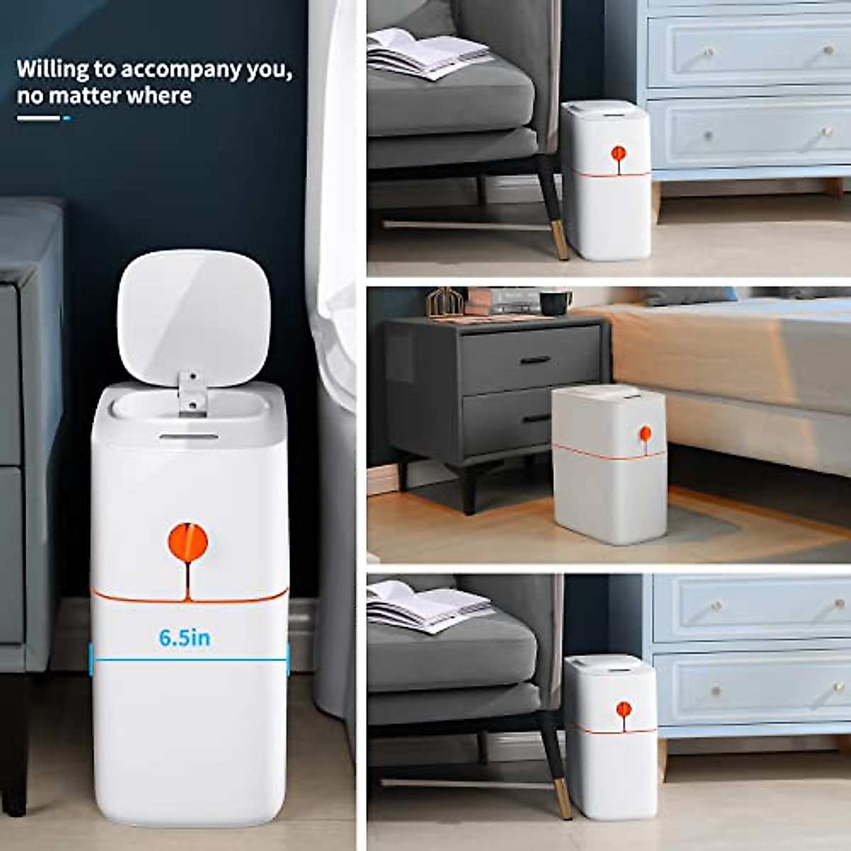 MOPALL Trash Cans for Bathroom,Automatic Garbage Cans with Lids for Bedroom,15L Smart Dogproof Slim Plastic Narrow Garbage Bin,4 Gallon Wastebasket for Living Room,Office,Toilet,RV, White