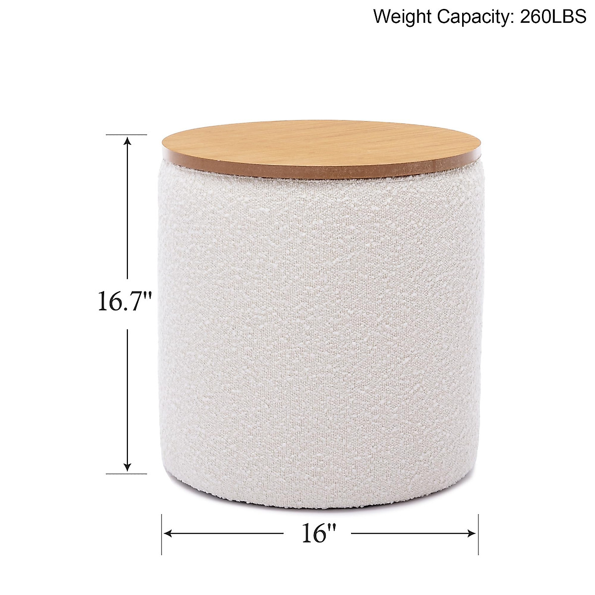 ONEVOG Beige Storage Ottoman with Wooden Lid, Tufted Boucle Fabric, Round Side Table Pouf, Small Vanity Seat Stool, Storage Footstool Chair for Living Room, Bedroom