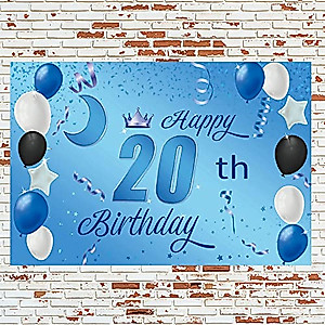 Sweet Happy 20th Birthday Backdrop Banner Poster 20 Birthday Party Decorations 20th Birthday Party Supplies 20th Photo Background for Girls,Boys,Women,Men - Blue 72.8 x 43.3 Inch