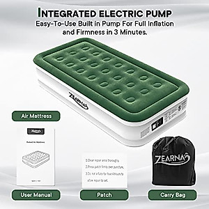 Zearna Twin Air Mattress with Built Pump, 16" Durable Blow Up Mattress Airbed, Comfortable Top Surface Inflatable Mattress for Camping Home & Portable Travel